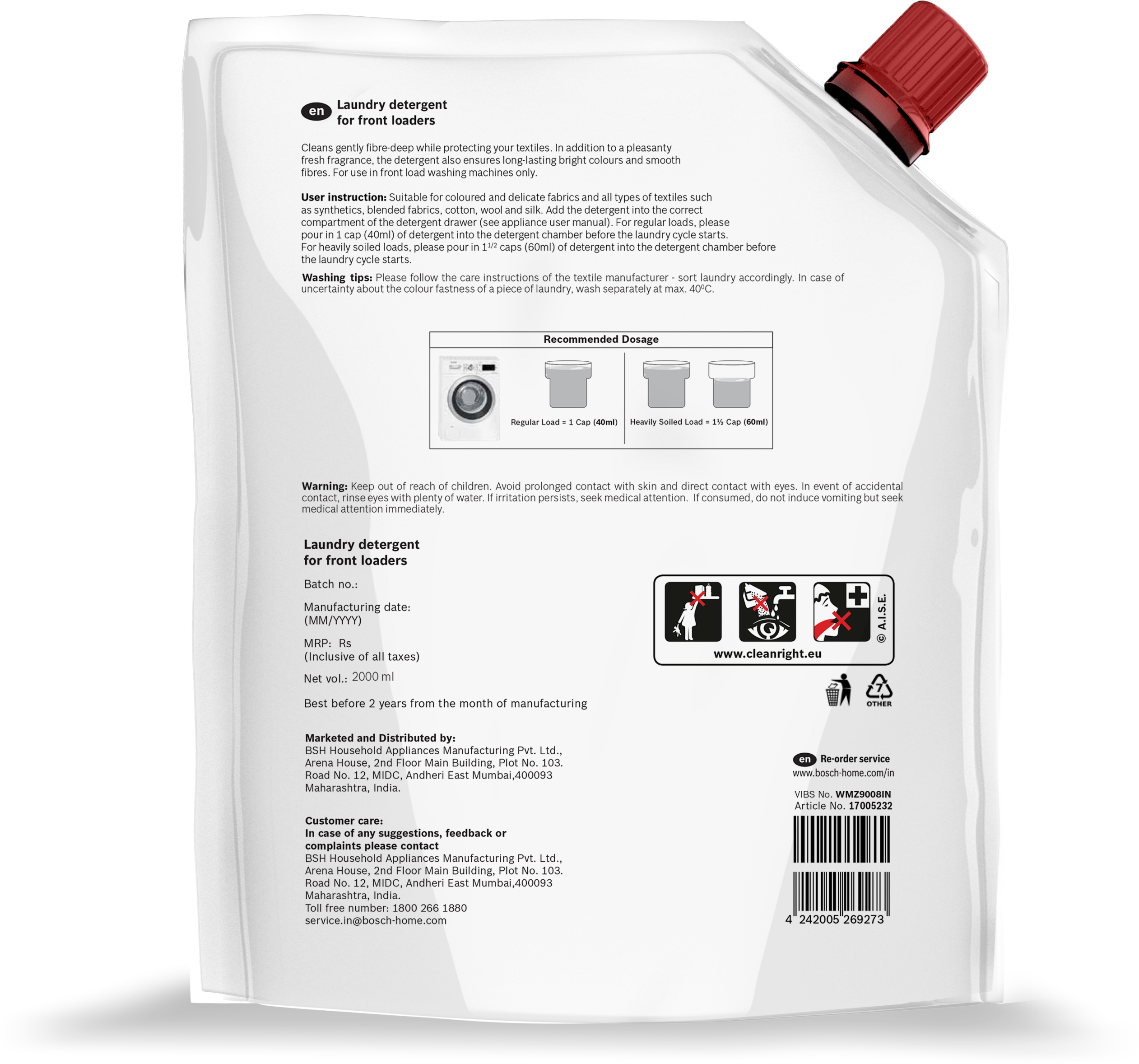 17005232 Bosch Front Load Washing Machine Liquid Detergent - 2 litre ...